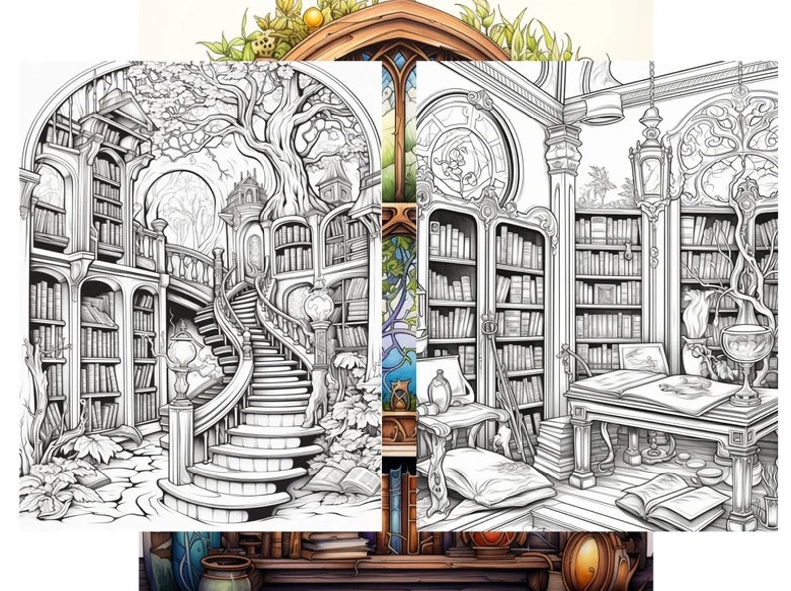 50 Enchanted Library Colouring Pages - Adult and Kids Colouring Book ...