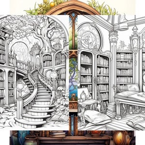 50 Enchanted Library Colouring Pages - Adult and Kids Colouring Book ...