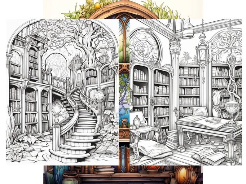 50 Enchanted Library Colouring Pages - Adult and Kids Colouring Book ...