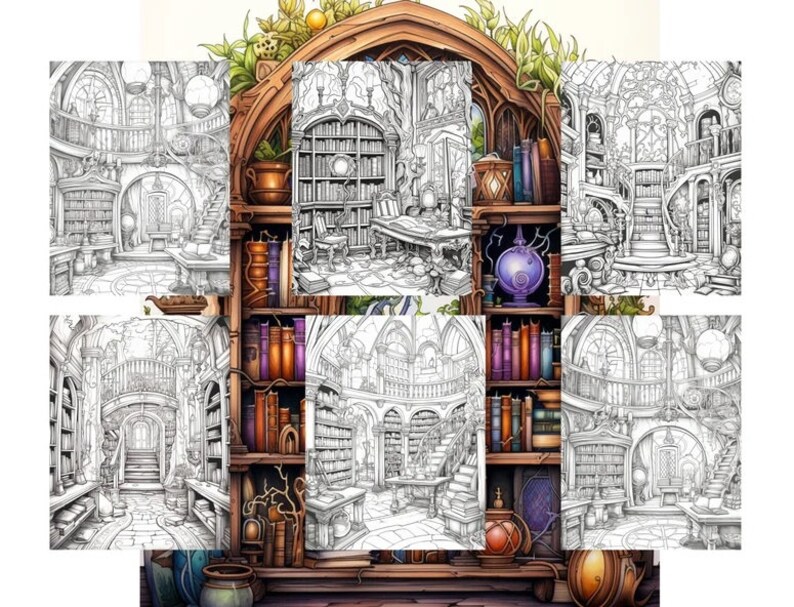 50 Enchanted Library Colouring Pages - Adult and Kids Colouring Book ...