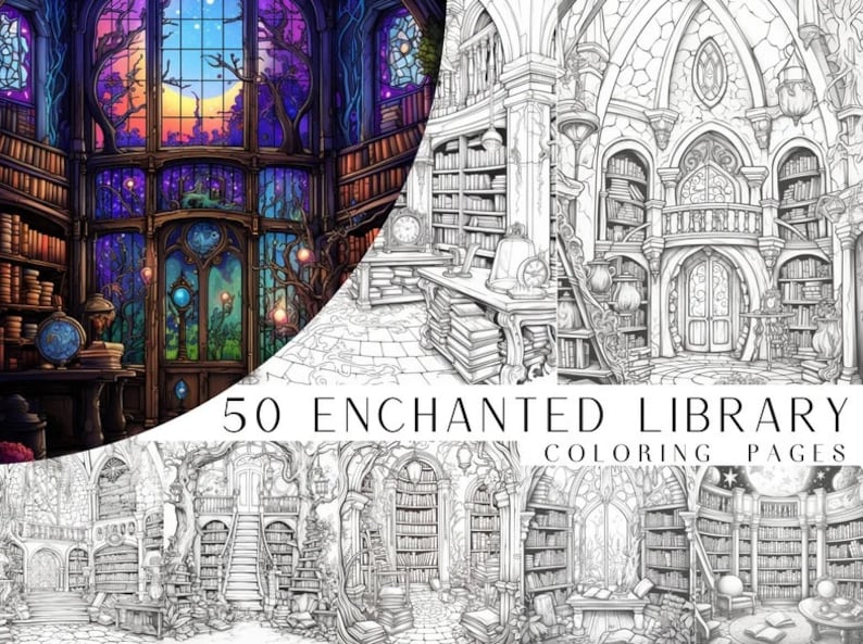 50 Enchanted Library Colouring Pages - Adult and Kids Colouring Book ...