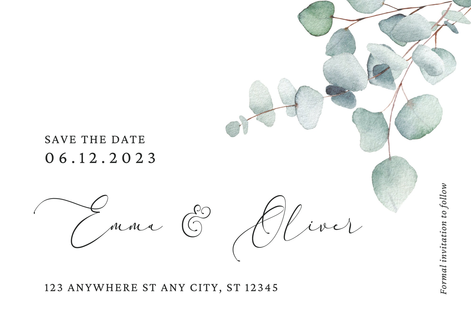 Eucalyptus Calligraphy Save the Date Canva Template | 7 X 5 | Instant ...