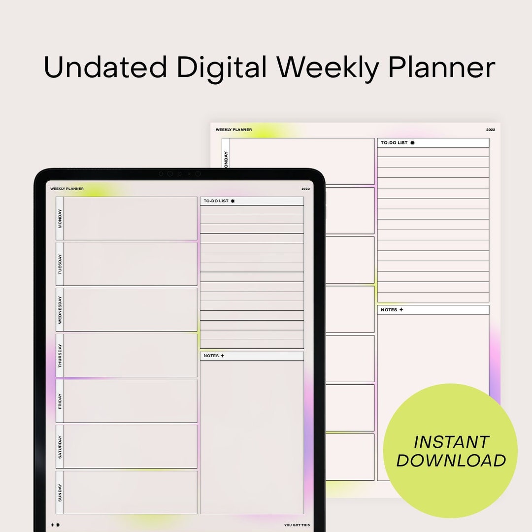 Gradient Undated Weekly Digital Planner, Weekly Planner and Notes ...