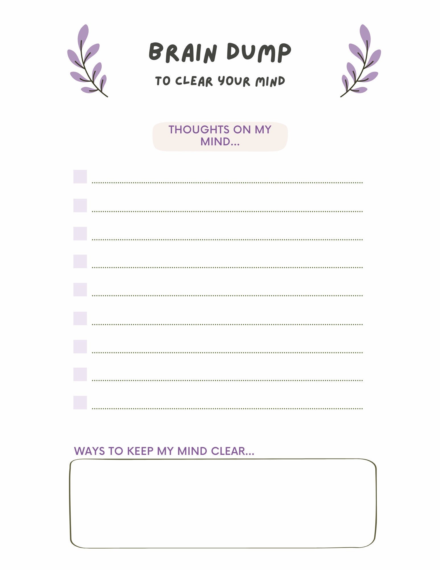 Brain Dump Template - Downloadable PDF - Etsy