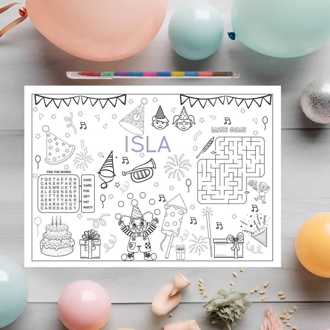 Personalised Party Colouring Placemat for Kids, Childrens Party Themed ...