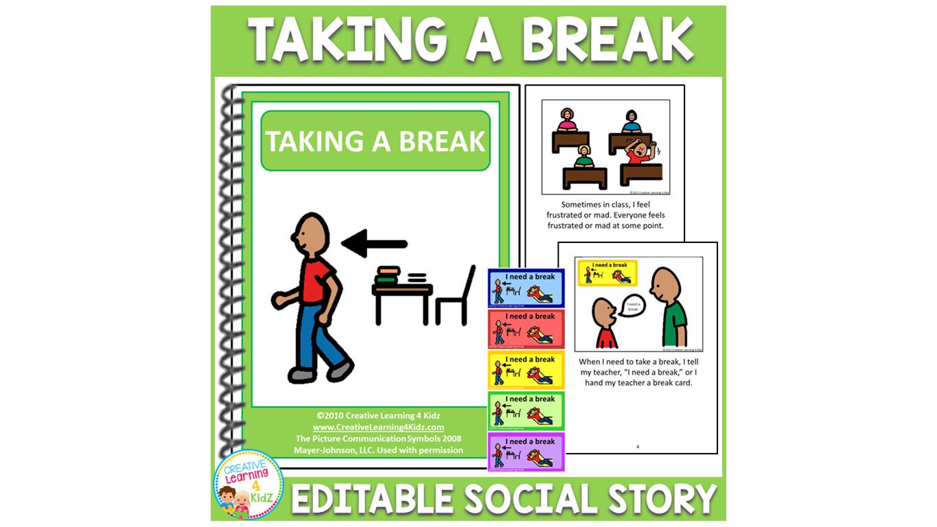 Social Story Taking a Break Book + Break Cards (editable) Behavior ...