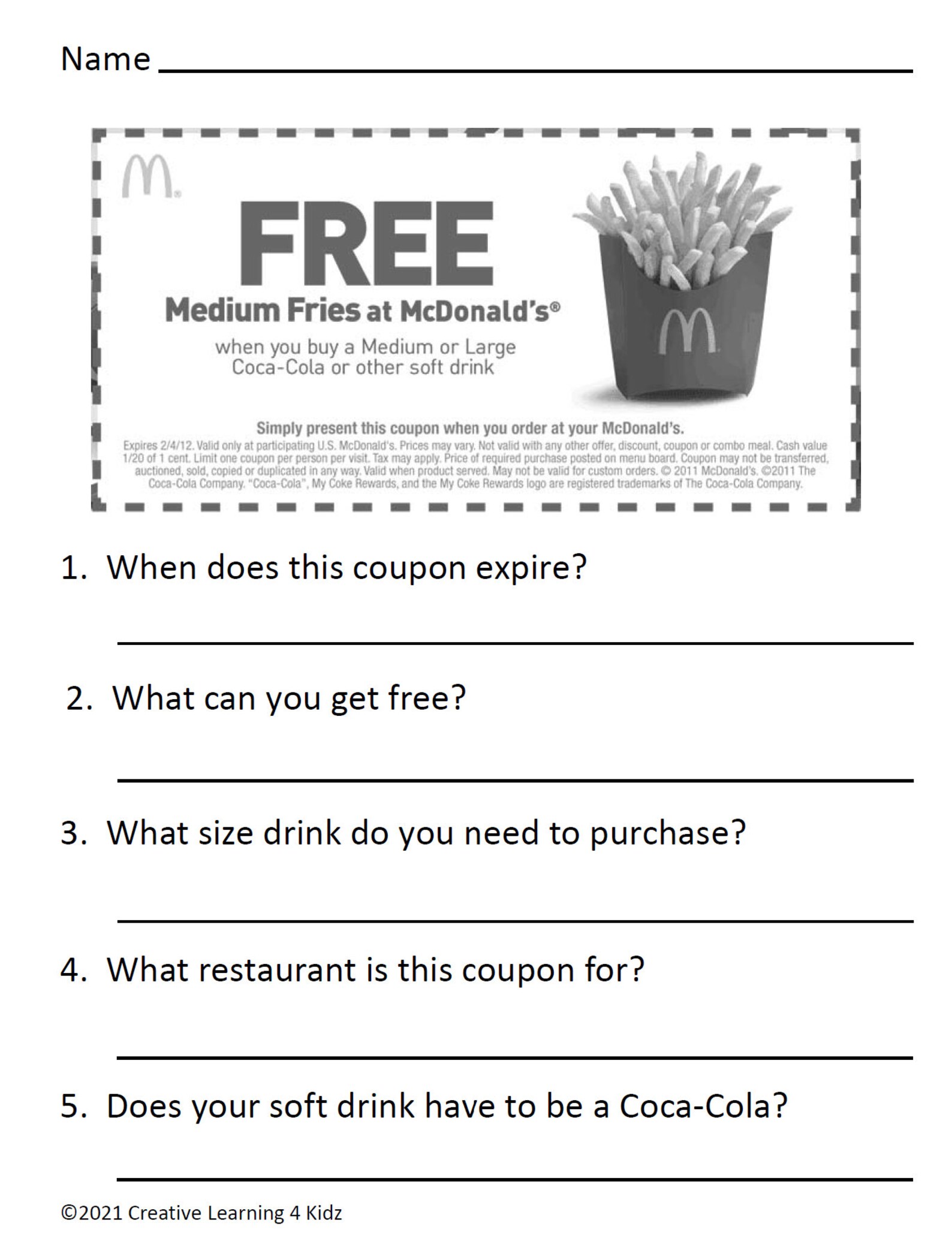 Life Skills: Reading Restaurant Coupons Worksheets - Special Education ...