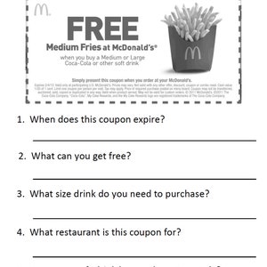 Life Skills: Reading Restaurant Coupons Worksheets - Special Education ...