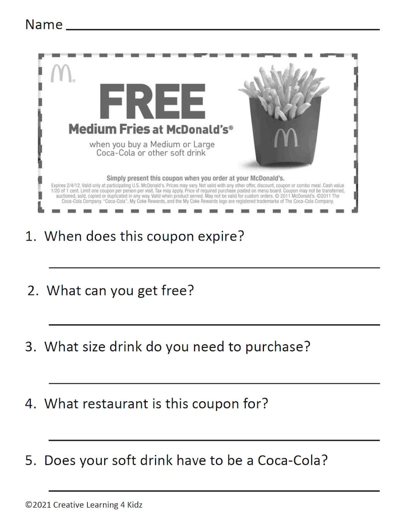 Life Skills: Reading Restaurant Coupons Worksheets - Special Education ...