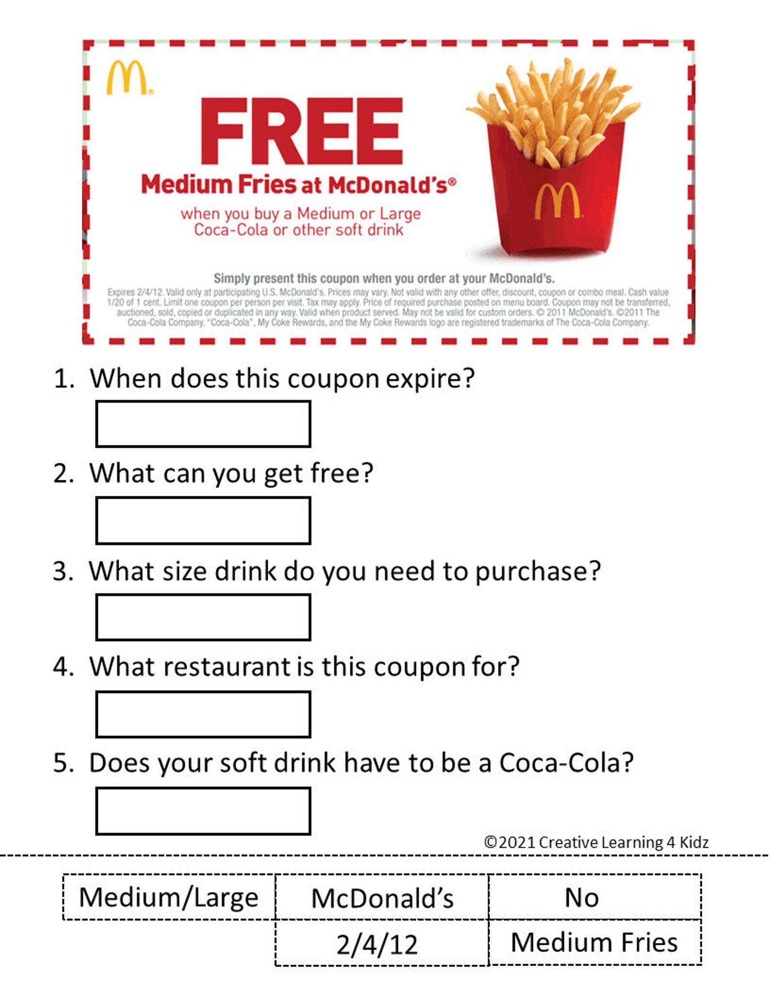 Life Skills: Reading Restaurant Coupons Worksheets - Special Education ...