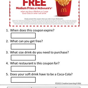Life Skills: Reading Restaurant Coupons Worksheets - Special Education ...