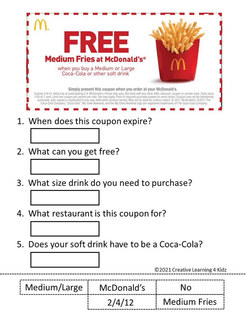 Life Skills: Reading Restaurant Coupons Worksheets - Special Education ...
