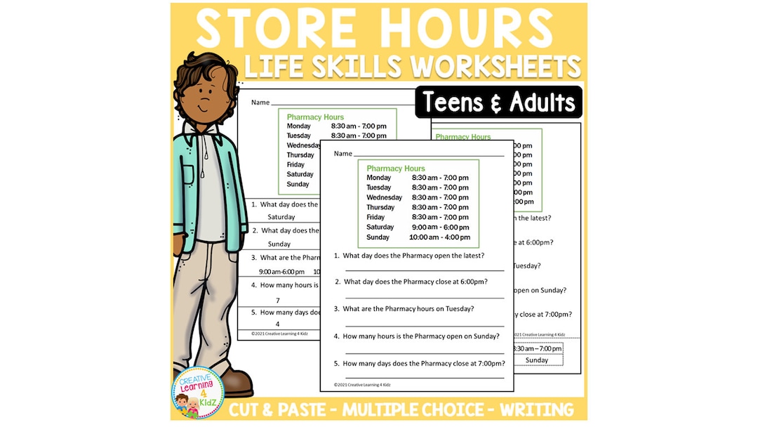Life Skills: Reading Store Hours Worksheets - Special Education - Etsy