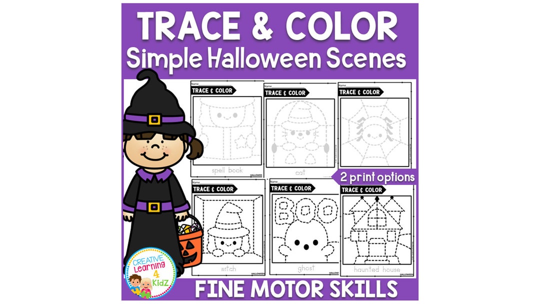 Trace and Color Halloween Picture Scenes - Etsy