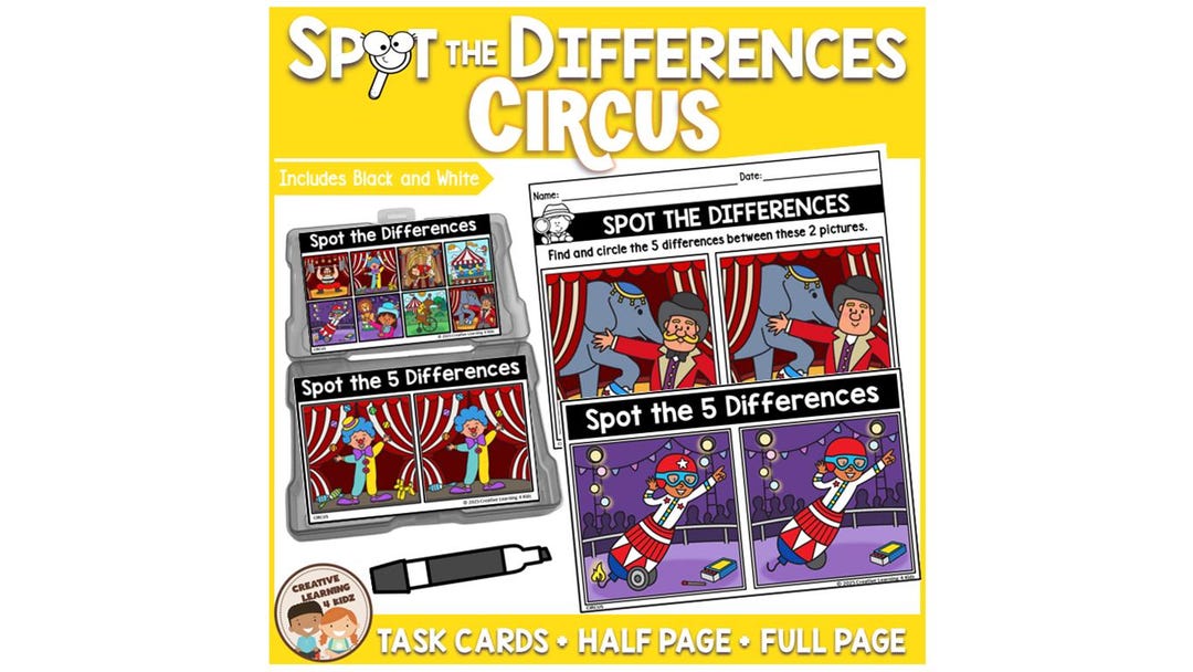 Circus Spot & Find the Differences Worksheets | Critical Thinking for ...