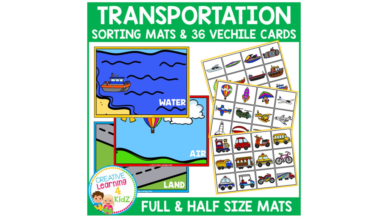 Transportation Sorting Mats Vehicle Cards Land Air Water Activity Early ...