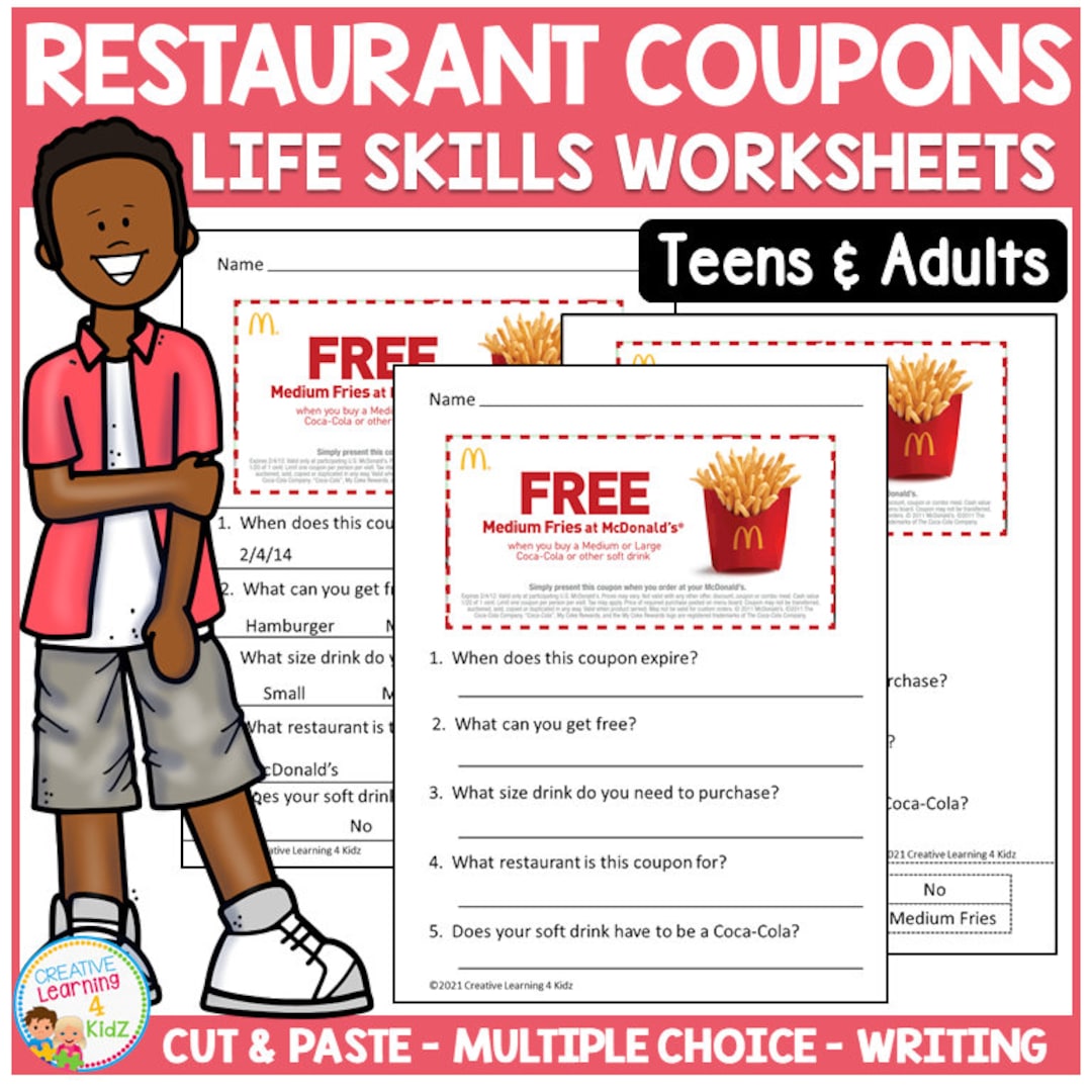 Life Skills: Reading Restaurant Coupons Worksheets - Special Education ...