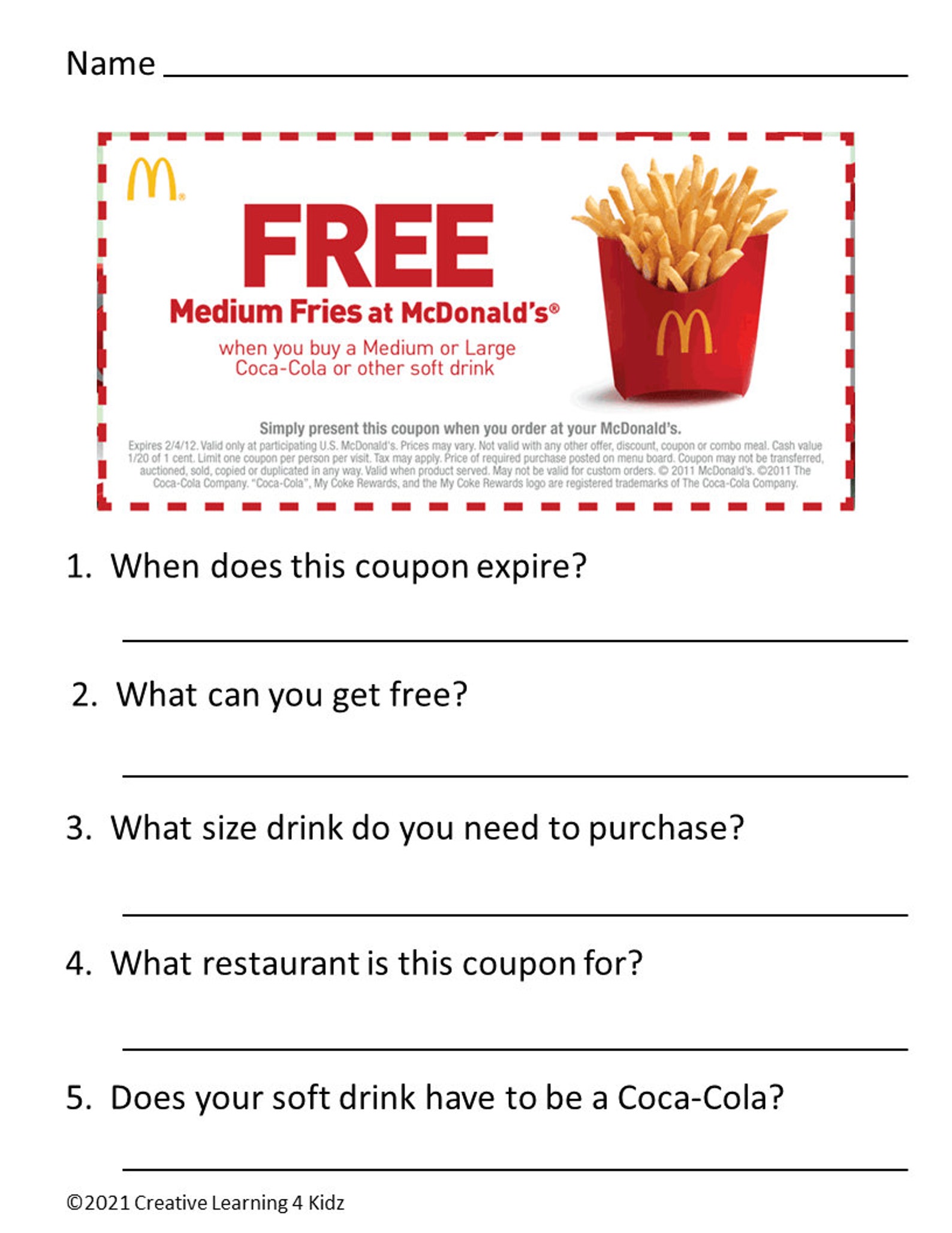 Life Skills: Reading Restaurant Coupons Worksheets - Special Education ...