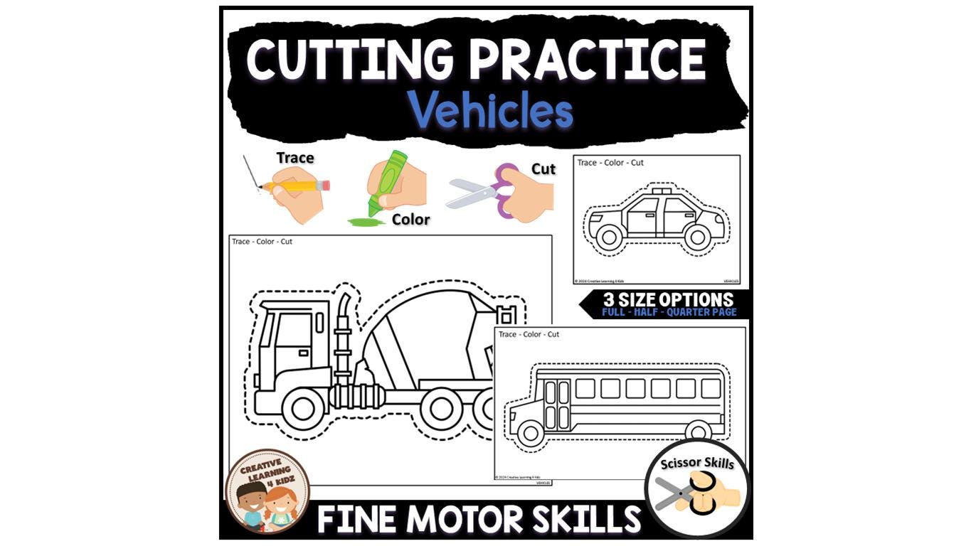 Cutting Practice Vehicles Scissor Skills Worksheets Fine Motor Skills ...