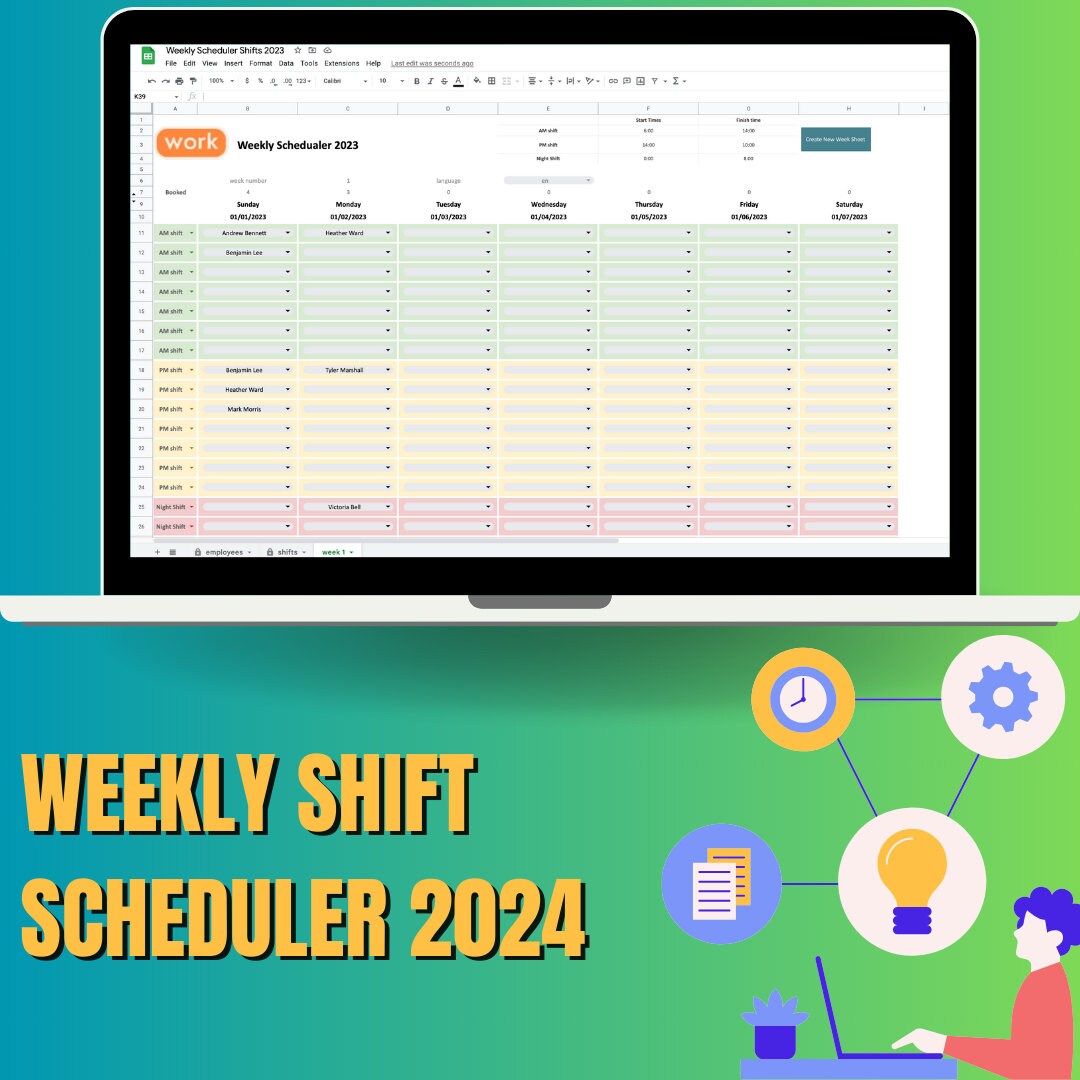 Best Shift Scheduler Google Sheet Template 2024 Weekly Shift Scheduler AM/ PM/ Shift Book ...