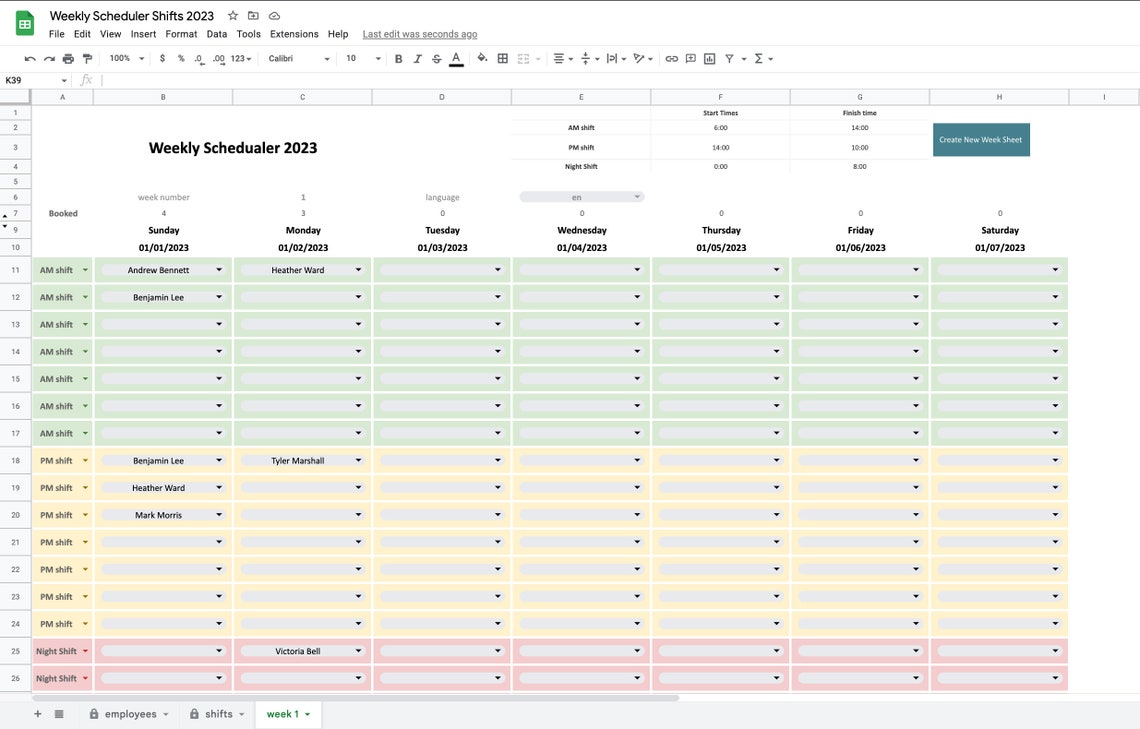 Best Shift Scheduler Google Sheet Template 2024 Weekly Shift Scheduler AM/ PM/ Shift Book ...