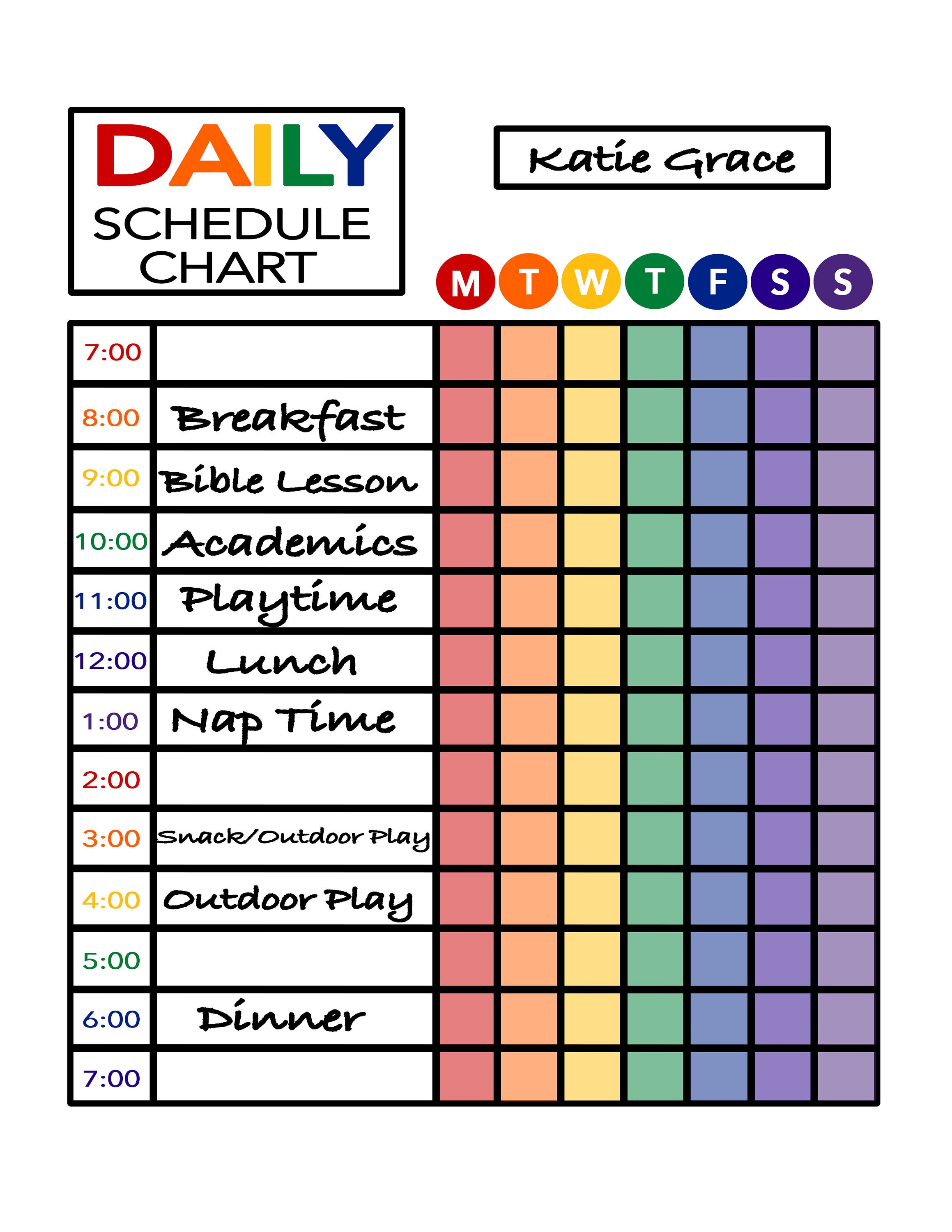 Daily Schedule Chart WITHOUT TIMES for a More Customizable Chart ...
