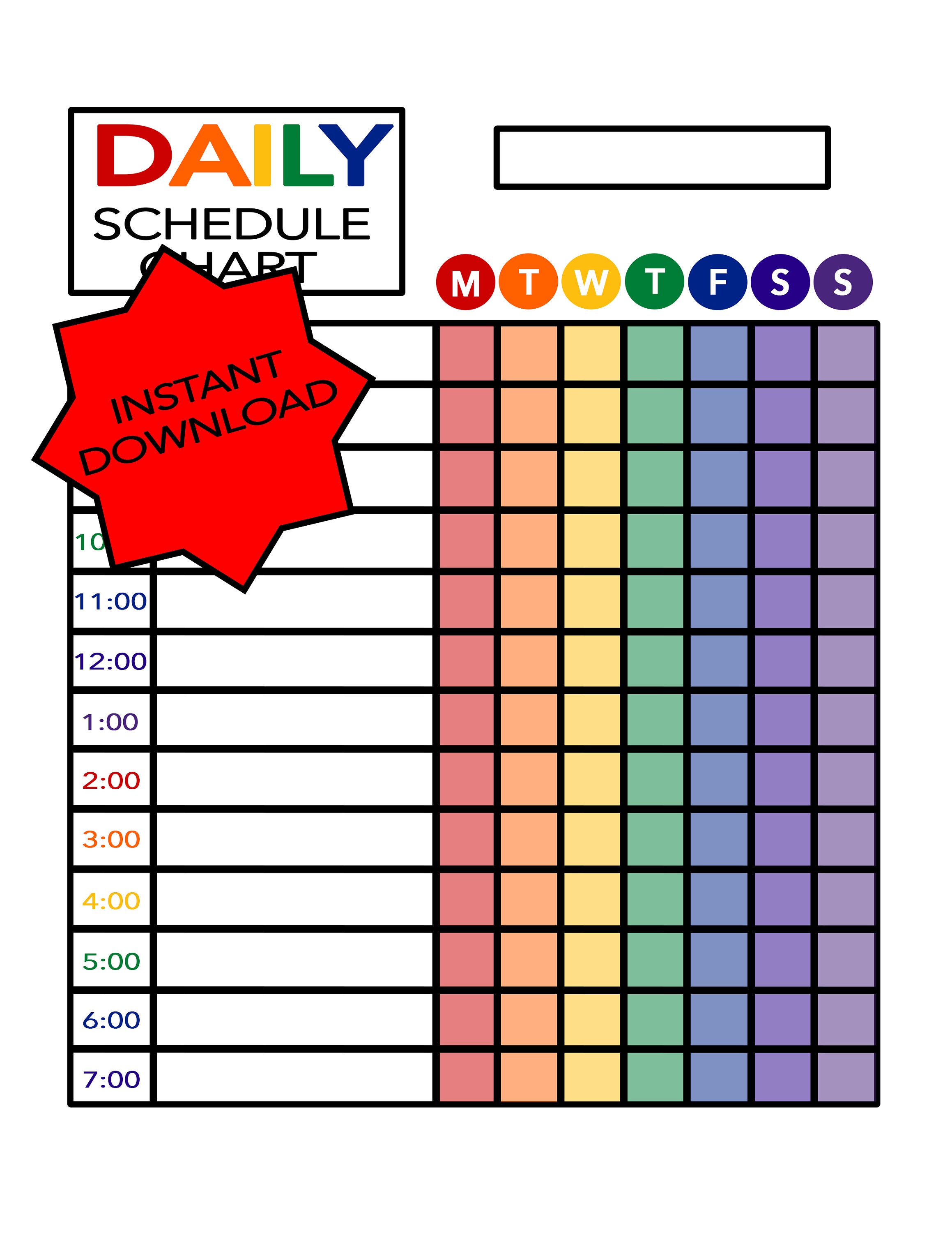Daily Schedule Chart WITHOUT TIMES for a More Customizable Chart ...