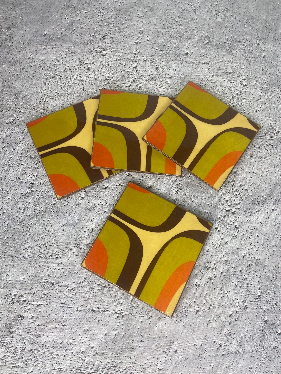 70s Groovy Abstract Print Drink Coasters - Resin Sealed Hard Topcoat ...