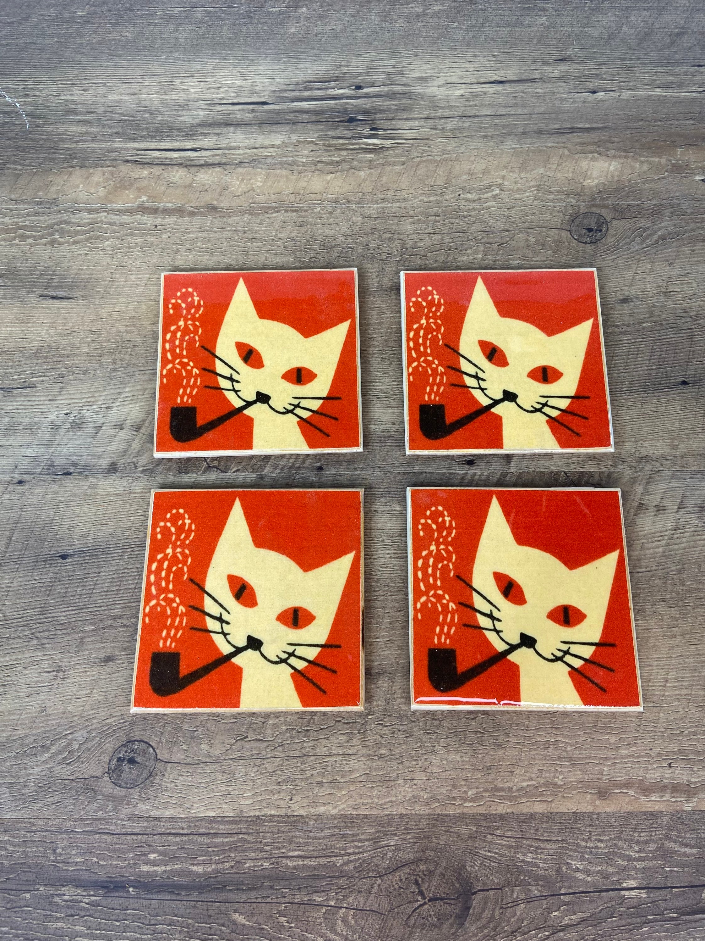 Cat Smoking Pipe Retro Art Coasters Resin Sealed Hard Topcoat Handmade ...