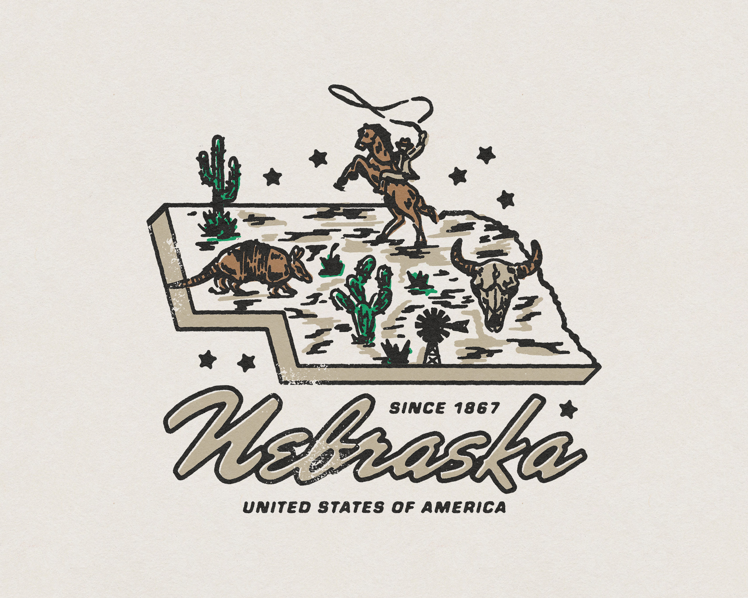 Nebraska Landscape Original Hand Drawn Artwork, Cowboy, Bull Skull ...