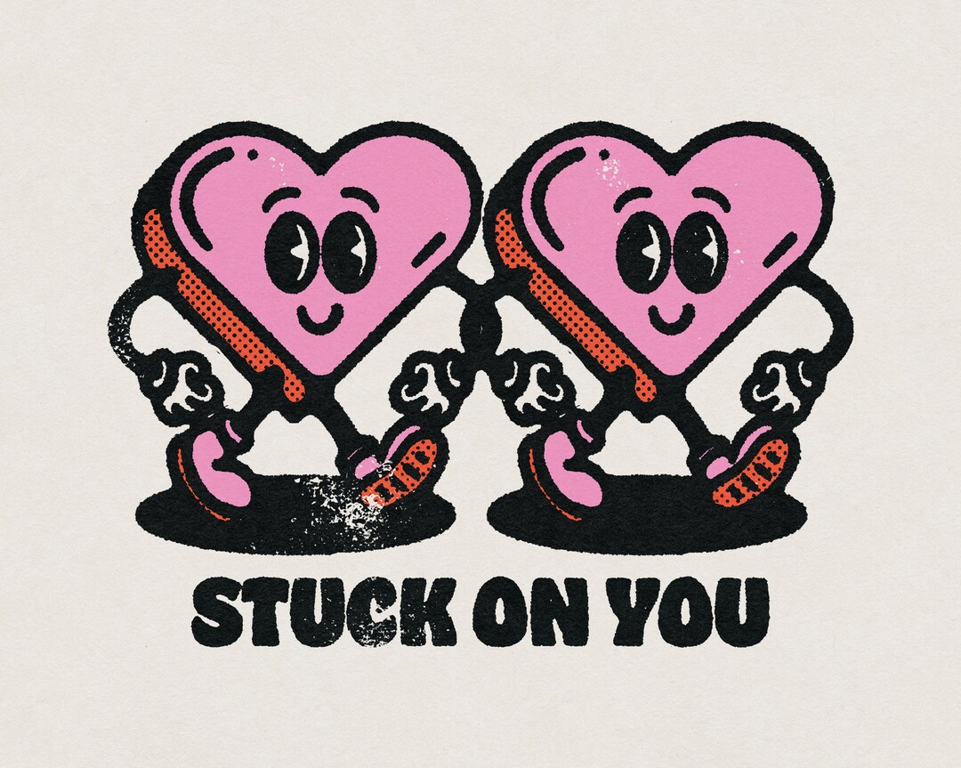 Stuck on You Cute Funny Retro Vintage Valentine's Day Heart Mascots ...