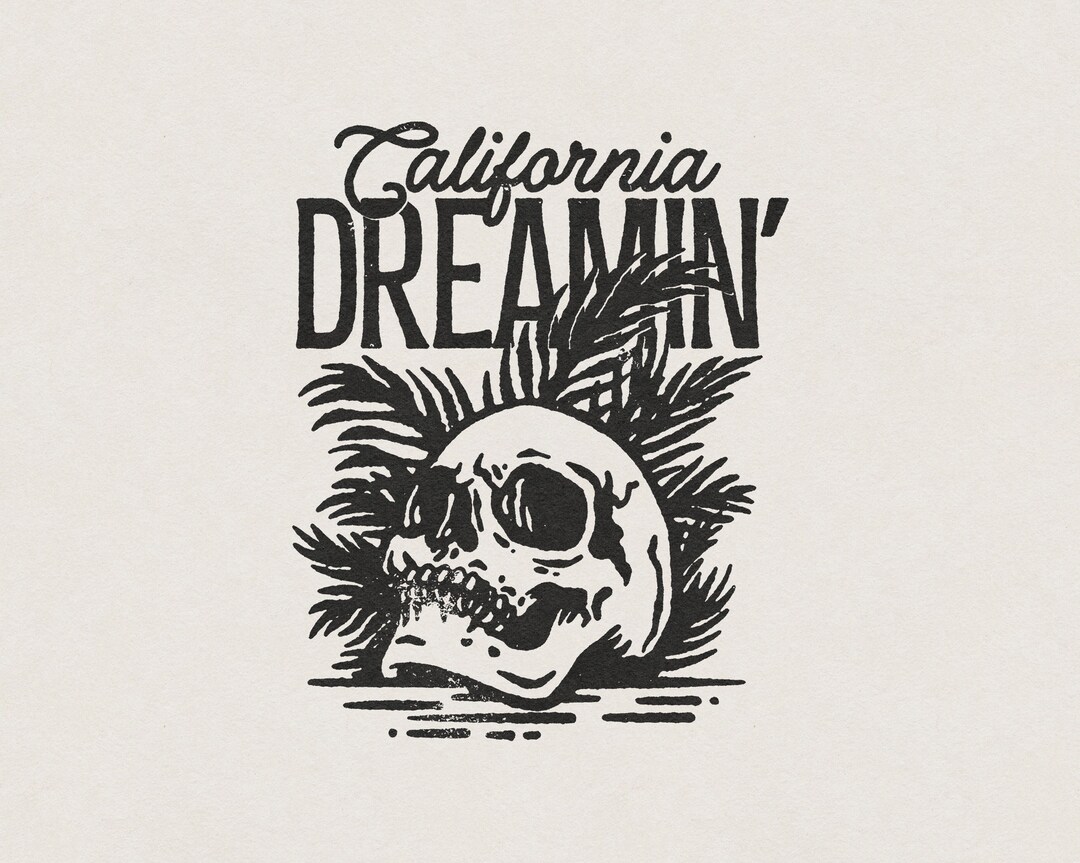 California Dreamin' Vintage Palm Tree Skull Tattoo Line Illustration P ...