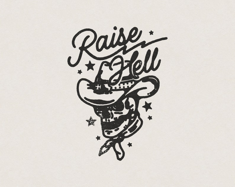 Raise Hell Vintage Cowboy Skull Traditional Tattoo Line Work - Etsy