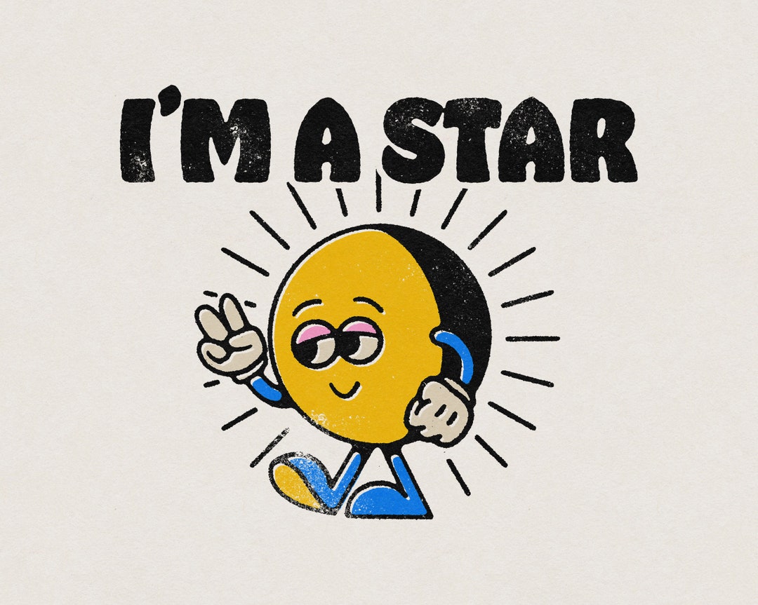 I'm a Star, Funny Retro Sun Cartoon Mascot Transparent PNG Digital ...