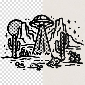 Western Cowboy UFO Alien Desert Scene With Bull Skull, Cacti, and ...