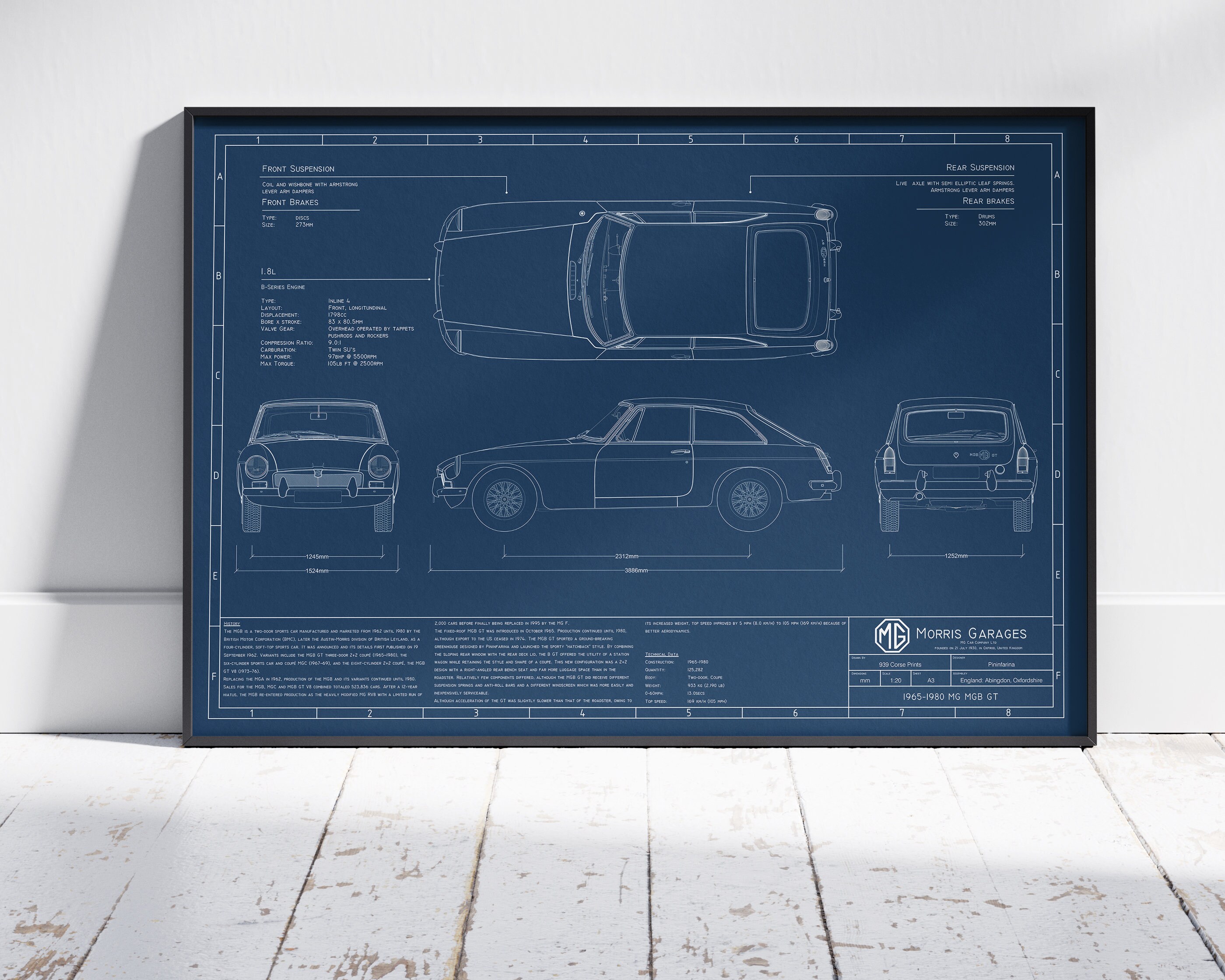1965 MG MGB GT Blueprint, Sports Car, Wall Decor, Wall Art, Exclusive ...
