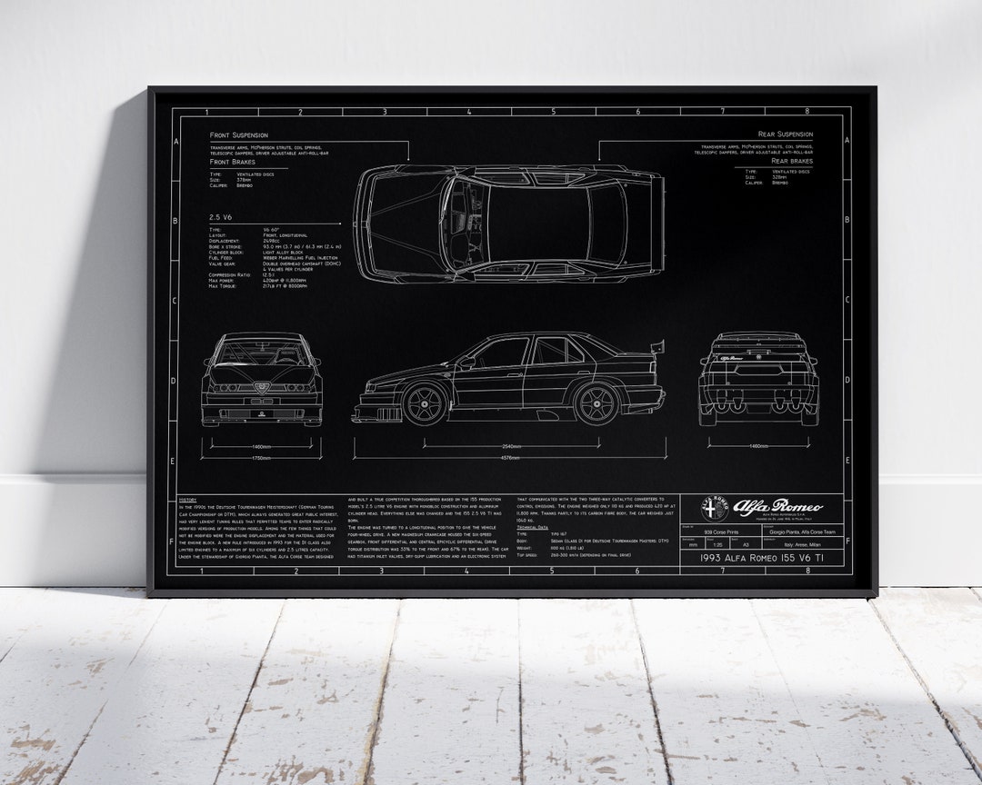 1993 Alfa Romeo 155 V6 Ti DTM Blueprint Poster, Race Car, Wall Decor ...