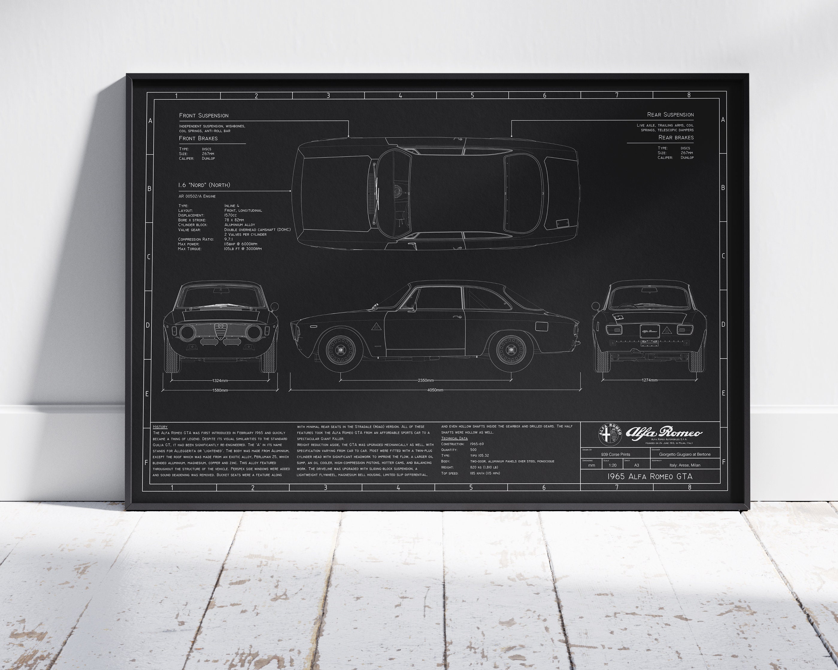 1965 Alfa Romeo Giulia Sprint GTA Blueprint Car Poster, Sports Car, Wall Decor, Wall Art ...