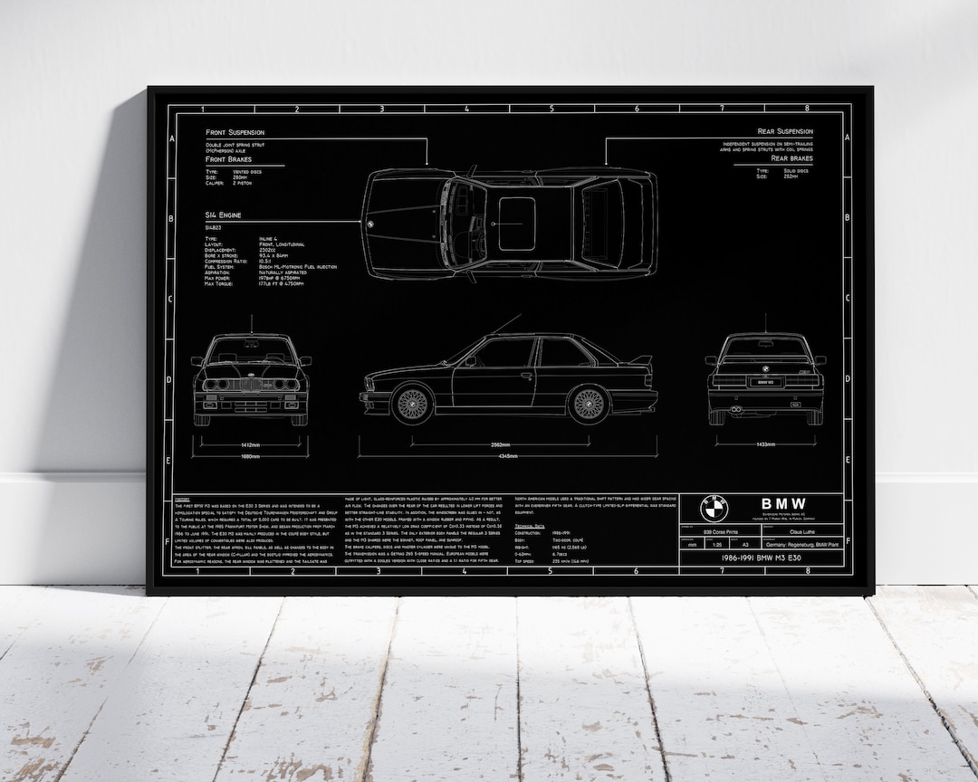 1986-1991 BMW M3 E30 Blueprint Car Poster, Sports Car, Wall Decor, Wall ...