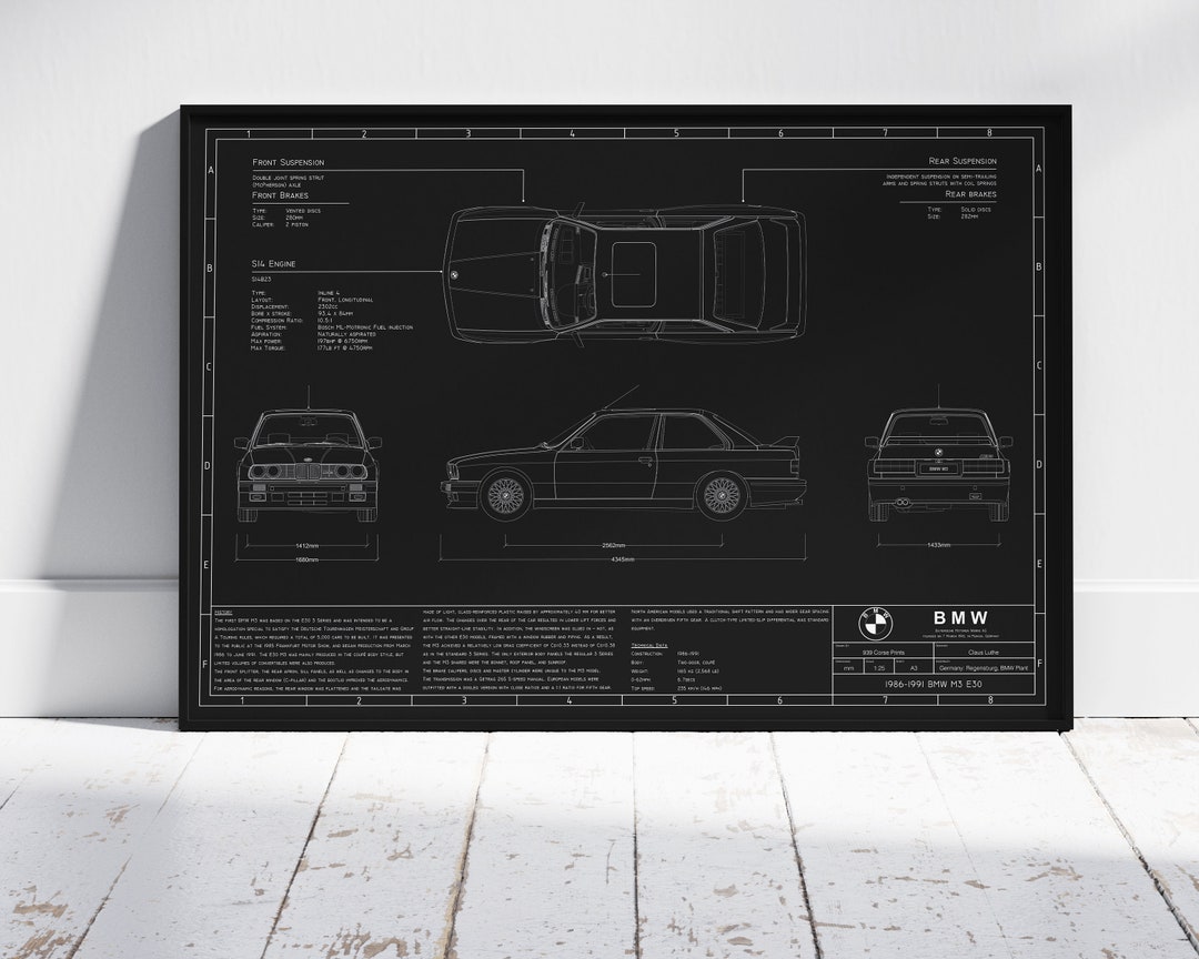 1986-1991 BMW M3 E30 Blueprint Car Poster, Sports Car, Wall Decor, Wall ...