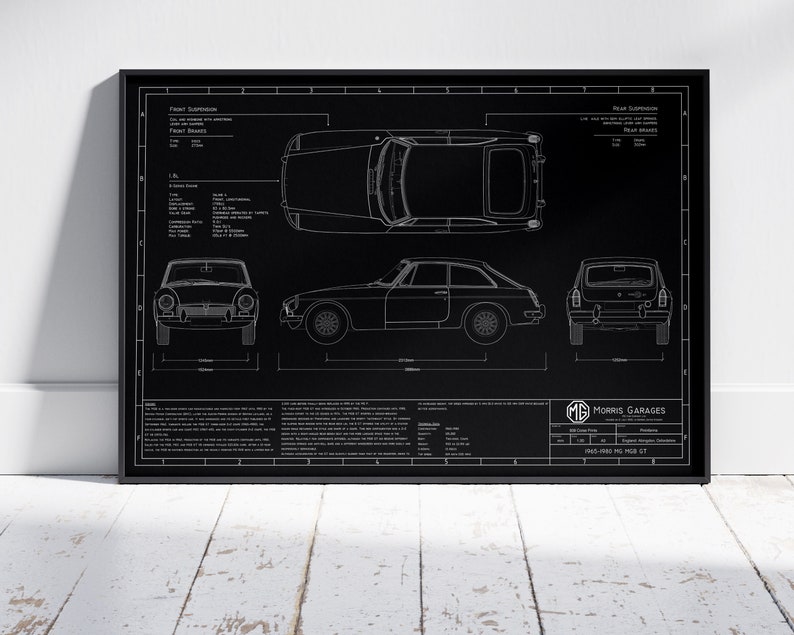 1965 MG MGB GT Blueprint, Sports Car, Wall Decor, Wall Art, Exclusive ...