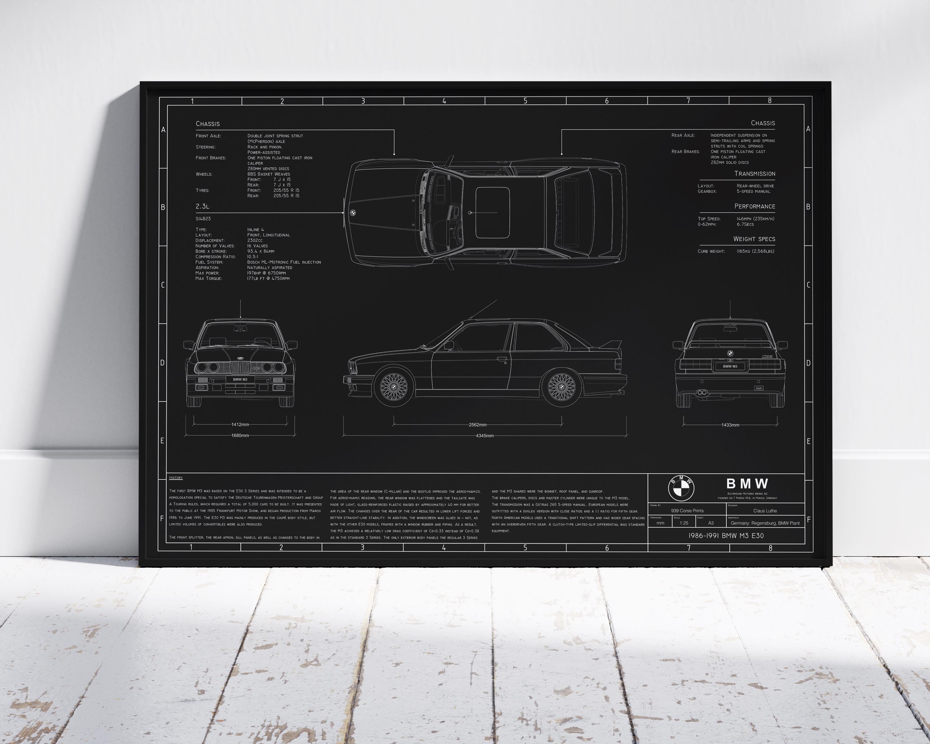 1986-1991 BMW M3 E30 Blueprint Car Poster, Sports Car, Wall Decor, Wall ...