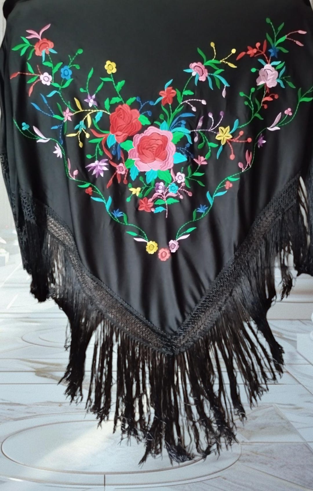 Black Spanish Flamenco Shawl. Multicoloured Embroidery. New. Super ...
