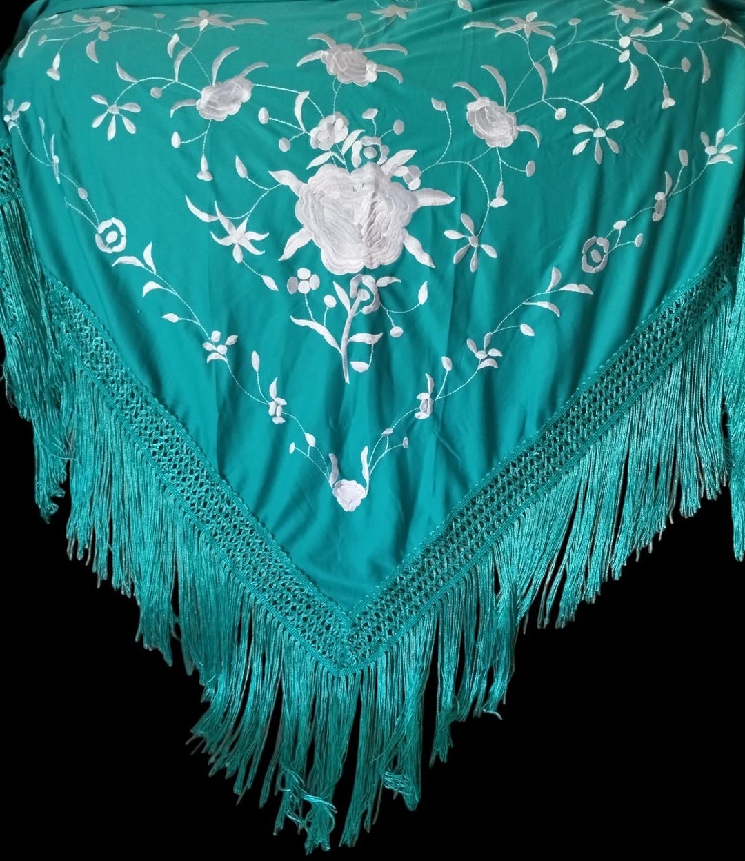 Spanish Flamenco Shawl Made in a Beautiful Blue-green Color. Floral ...
