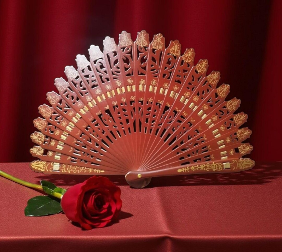 Original Spanish Fan Made of Die-cut and Cherry-colored Lacquered Wood ...