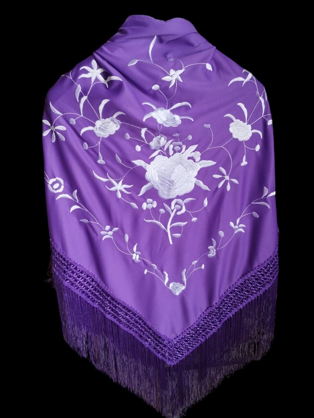 Black Spanish Flamenco Shawl. Purple Floral Embroidery. New - Etsy