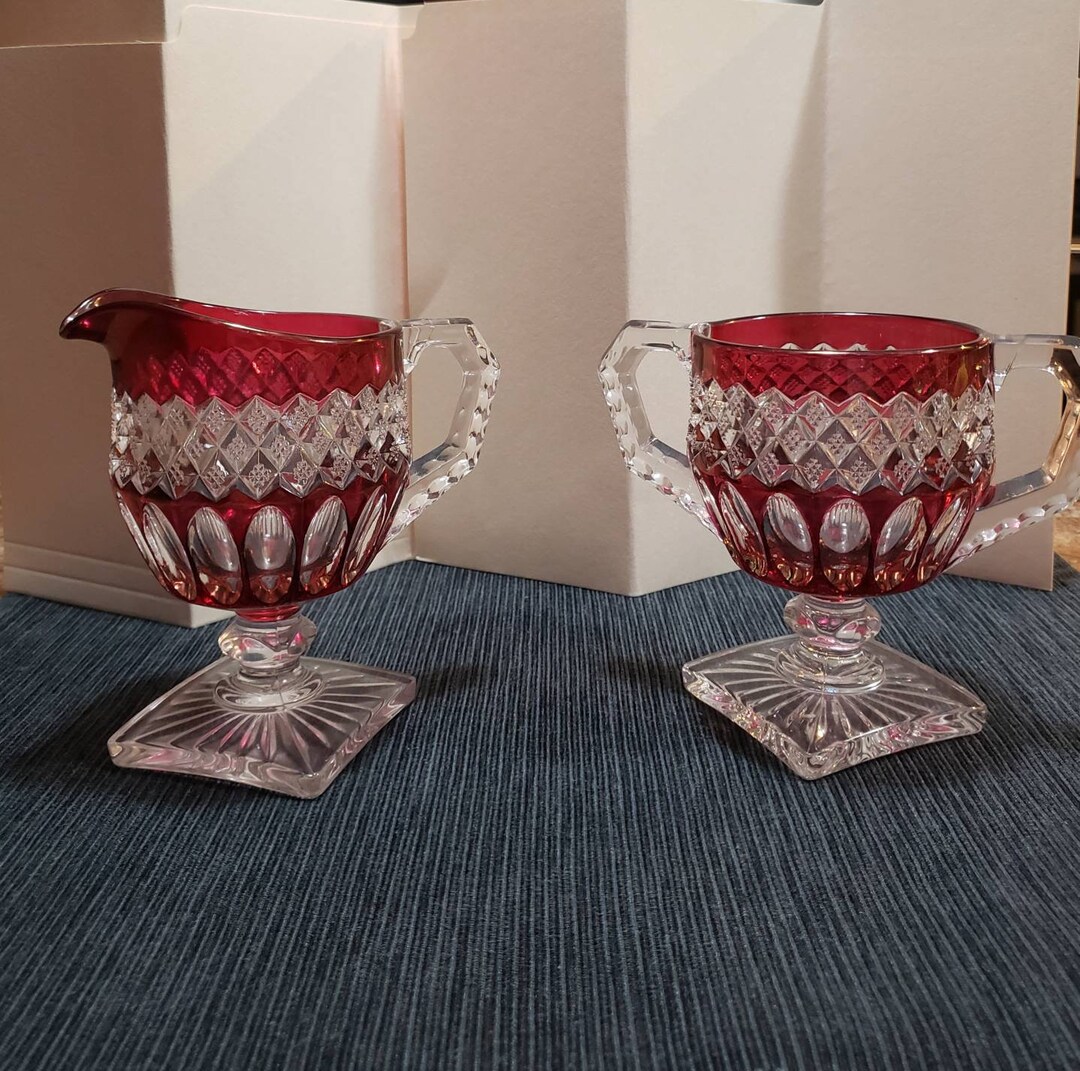 Depression Glass.ruby Red and Glass Creamer and Sugar Set - Etsy