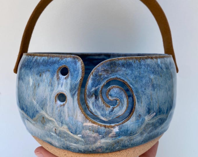 Stoned Denim - Ceramic Yarn Bowl With Leather Handle - Large - Etsy