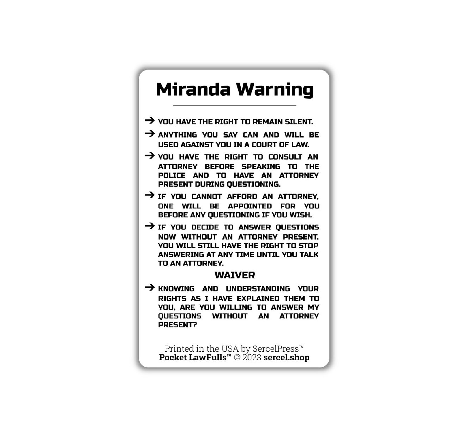 Miranda Warning: Pocket Lawfulls Durable Wallet Card Law Enforcement ...