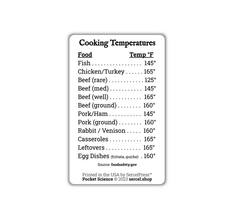Cooking Temperatures Reference Card | Durable Wallet Pocket Reference ...